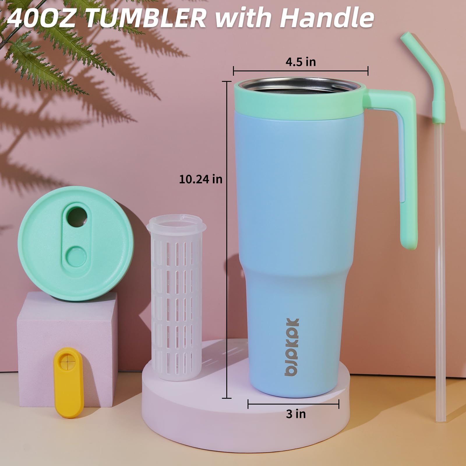 BJPKPK Insulated Tumblers With Handle And Straw 40oz Stainless Steel Travel Coffee Mug Tumbler Cups With Lid And Fruit Infuser,Sky Blue
