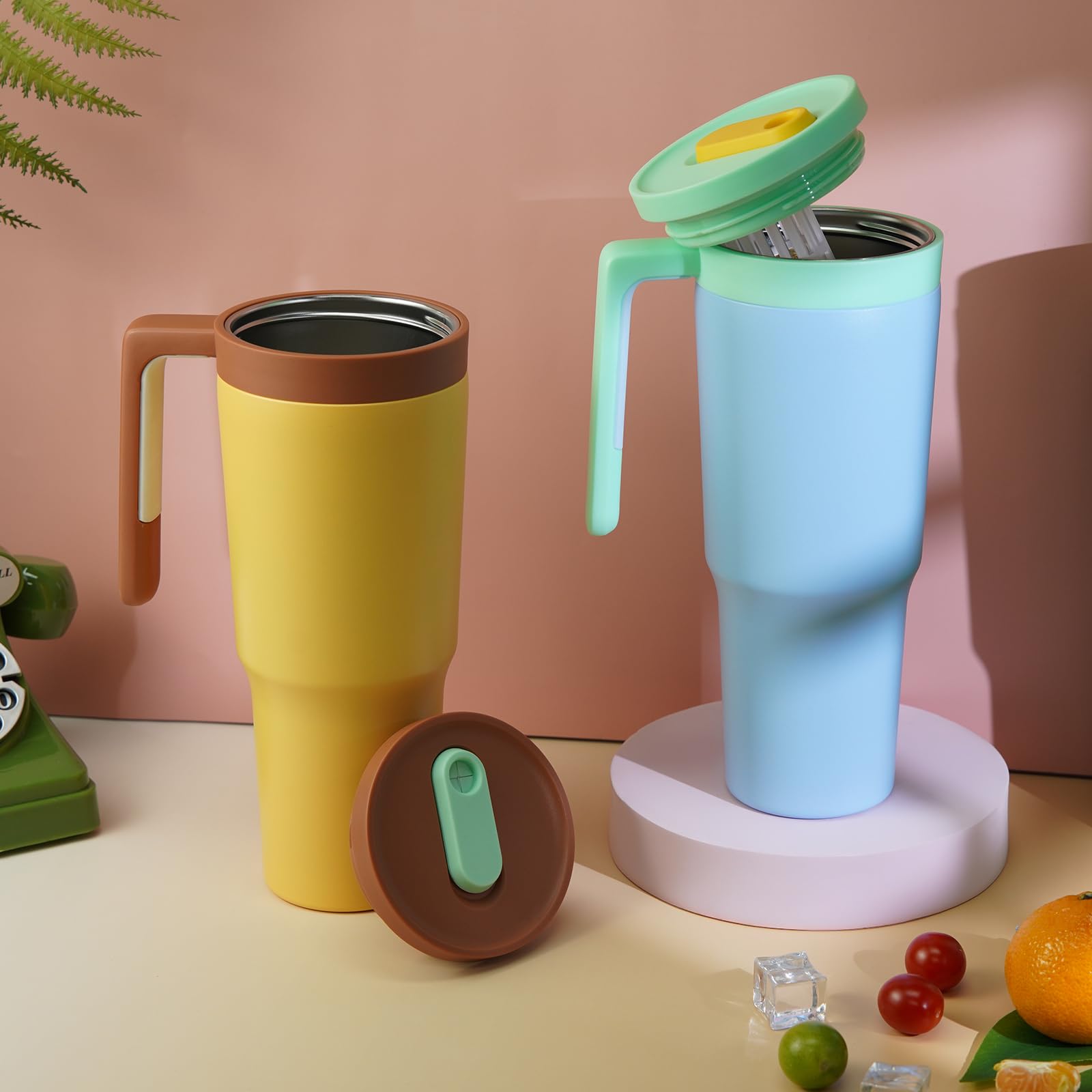 BJPKPK Insulated Tumblers With Handle And Straw 40oz Stainless Steel Travel Coffee Mug Tumbler Cups With Lid And Fruit Infuser,Sky Blue
