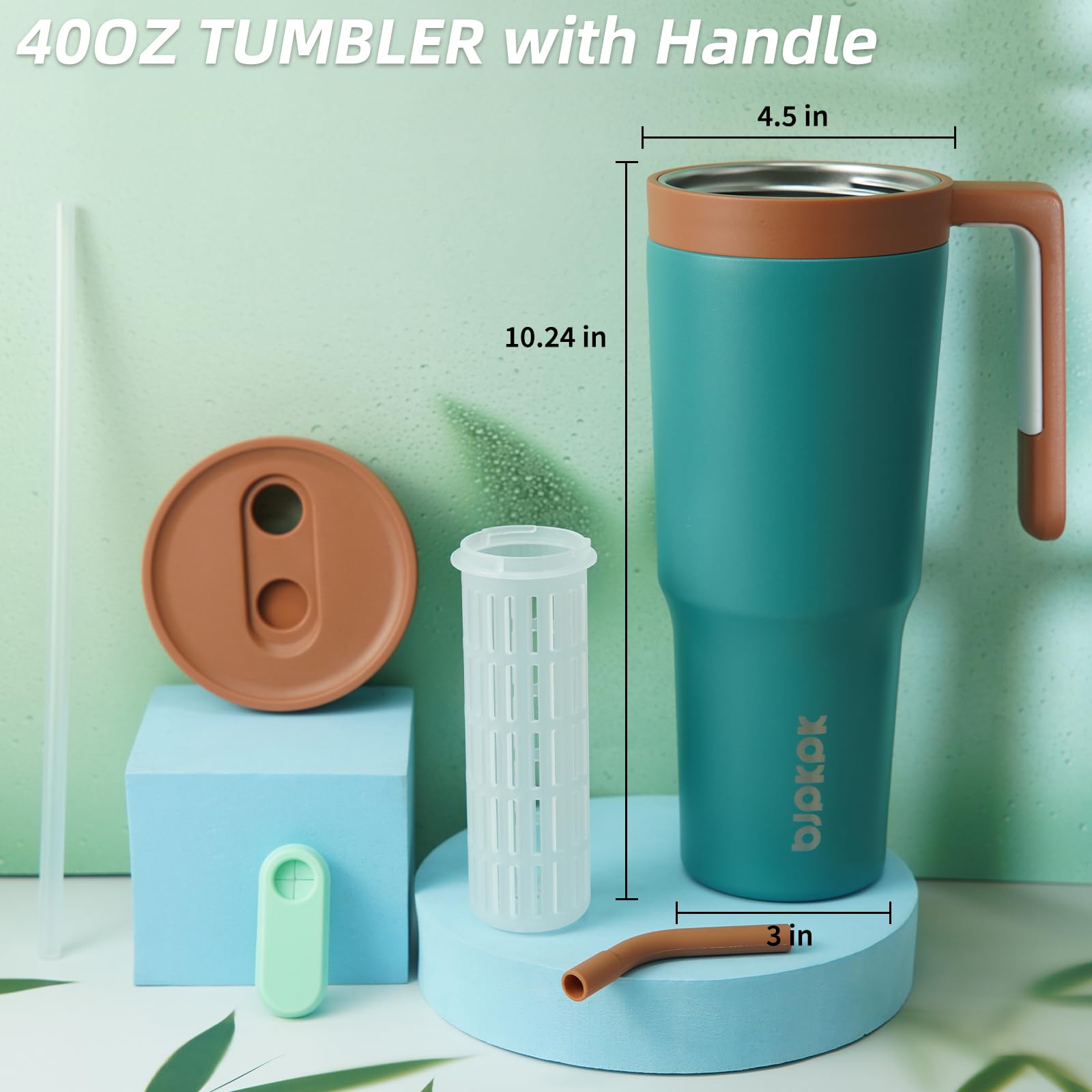BJPKPK 40oz Tumbler With Handle And Straw Insulated Tumblers Cups With Lid Stainless Steel Travel Coffee Mug With Fruit Infuser,Lake Blue