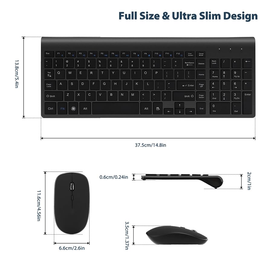 2.4G Wireless Keyboard and Mouse Ultra Slim Full Size Keyboard with Numeric Keypad Compact Keyboard for Computer/Desktop/PC/Laptop (Black)