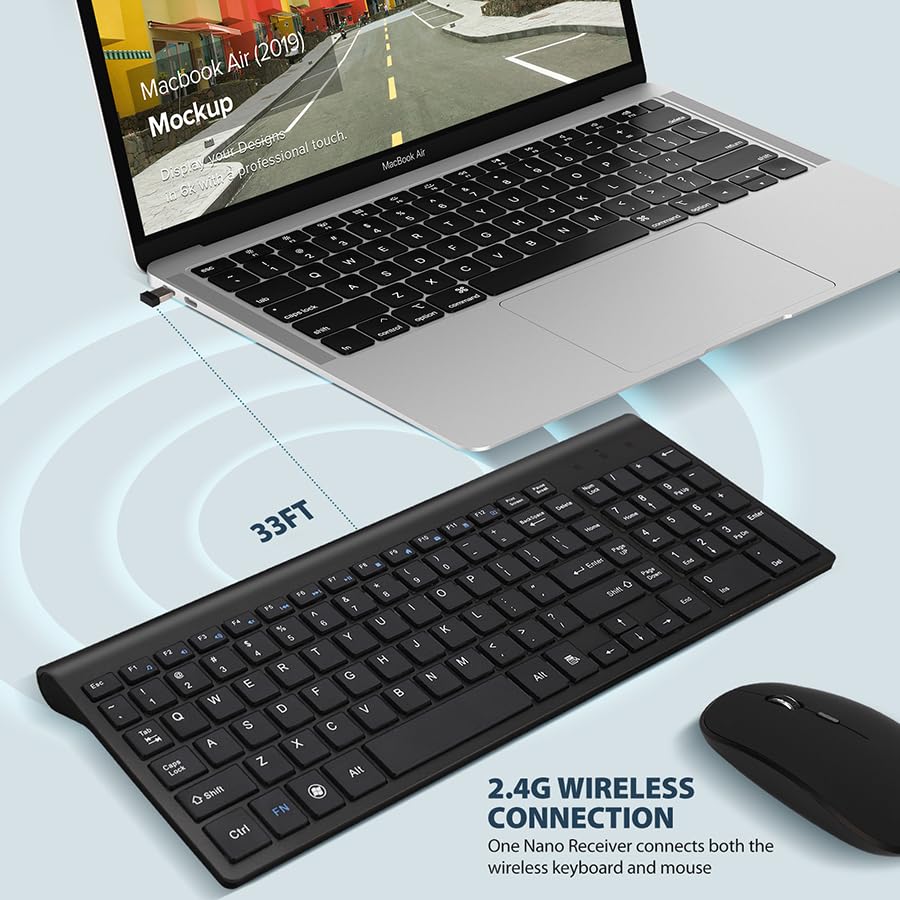 2.4G Wireless Keyboard and Mouse Ultra Slim Full Size Keyboard with Numeric Keypad Compact Keyboard for Computer/Desktop/PC/Laptop (Black)