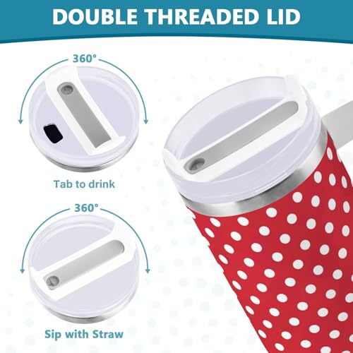 ZZXXB White and Red Polka Dot Insulated Stainless Steel Water Bottle with Handle and Straw Lid Double Walled Travel Mug 40 oz