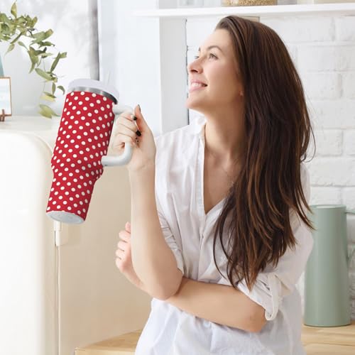ZZXXB White and Red Polka Dot Insulated Stainless Steel Water Bottle with Handle and Straw Lid Double Walled Travel Mug 40 oz