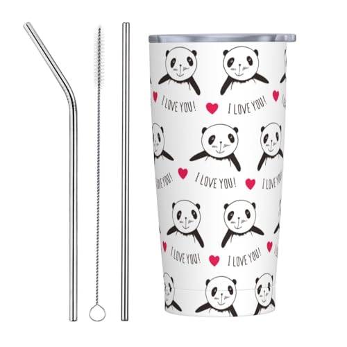 20oz Tumbler Love You Pandas Double Wall Vacuum Insulated Coffee Mug with Lid and Metal Straw Brush Reusable Stainless Steel Water Bottle Travel Cup Gifts for Car Ice Drinks Hot Beverage