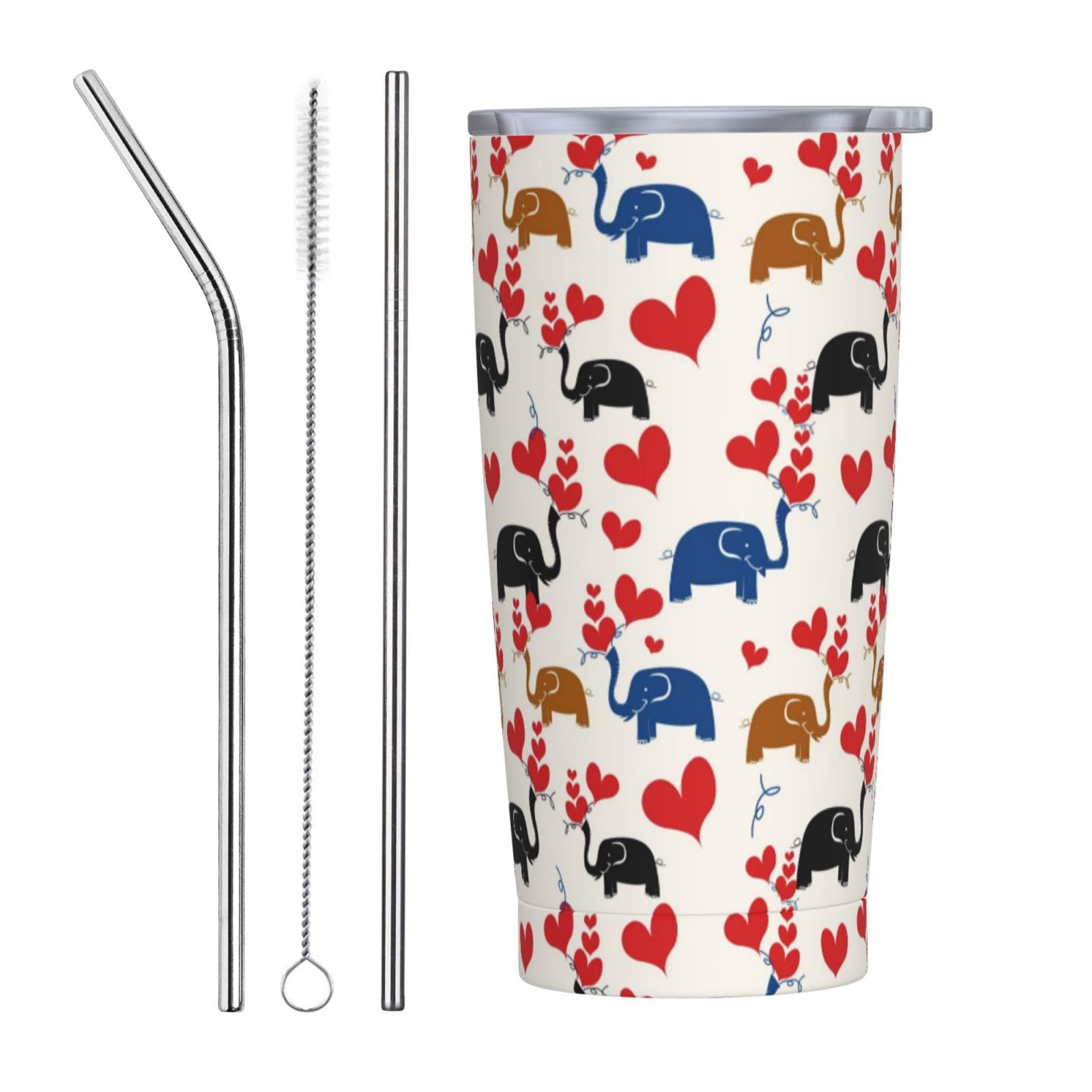 Yaxongx 20oz Tumbler Love Animal Elephant Double Wall Vacuum Insulated Coffee Mug with Lid and Metal Straw Brush Reusable Stainless Steel Water Bottle Travel Cup Gifts for Car Ice Drinks Hot Beverage