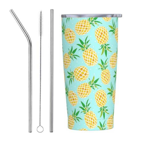 20oz Tumbler Luscious Pineapple Print Double Wall Vacuum Insulated Coffee Mug with Lid and Metal Straw Brush Reusable Stainless Steel Water Bottle Travel Cup Gifts for Car Ice Drinks Hot Beverage