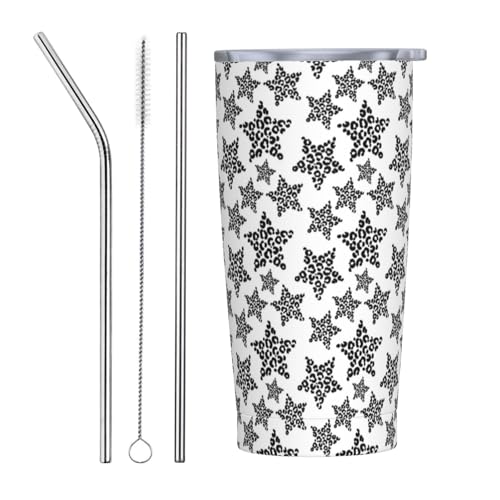 Yaxongx 20oz Tumbler Leopard Print Star Double Wall Vacuum Insulated Coffee Mug with Lid and Metal Straw Brush Reusable Stainless Steel Water Bottle Travel Cup Gifts for Car Ice Drinks Hot Beverage