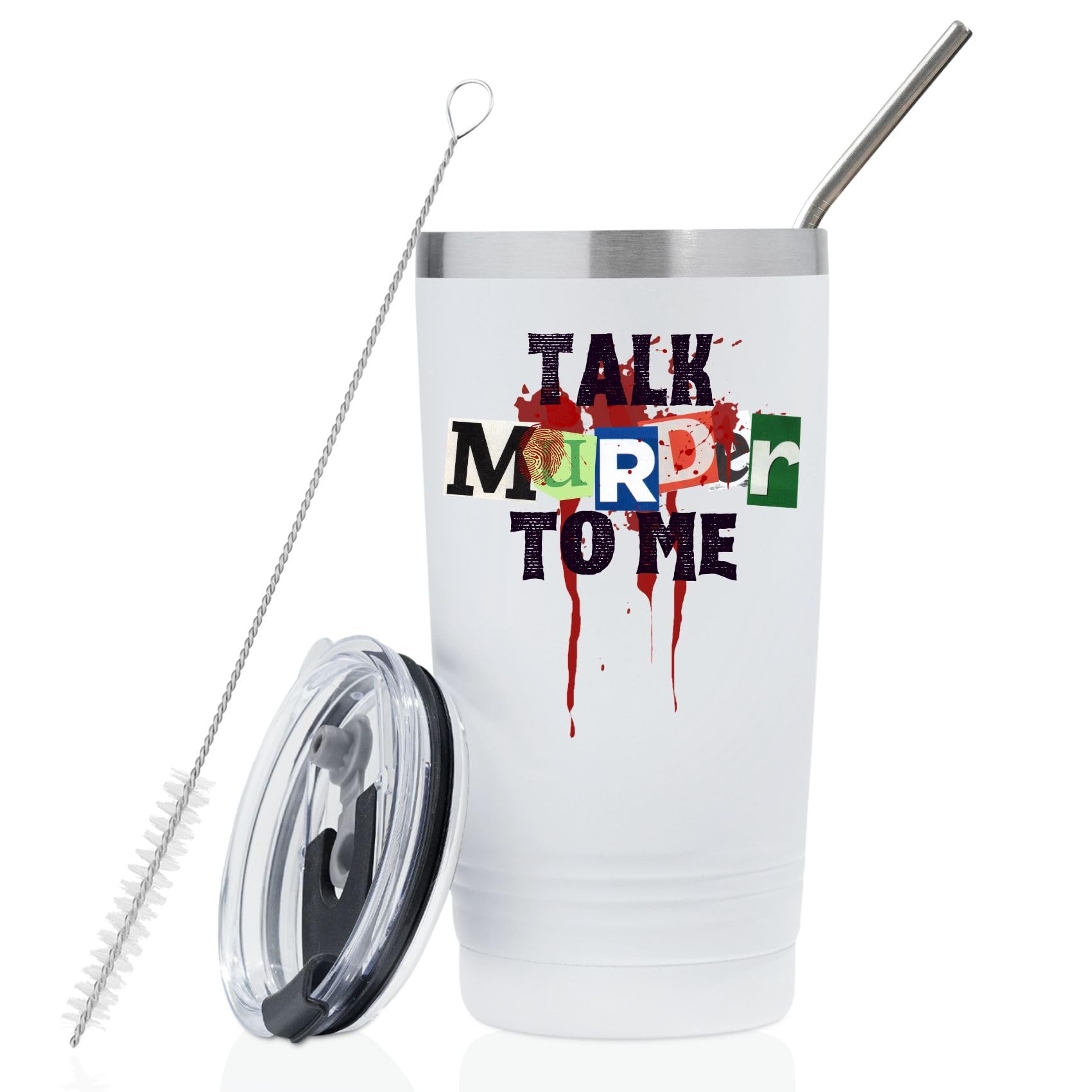 Onebttl True Crime Gifts for Crime Fans, True Crime Lovers, Serial Killer Gifts for Women, Men, Junkie, Talk Murder To Me, Stainless Steel Travel Mug Cup Tumbler, 20oz, White