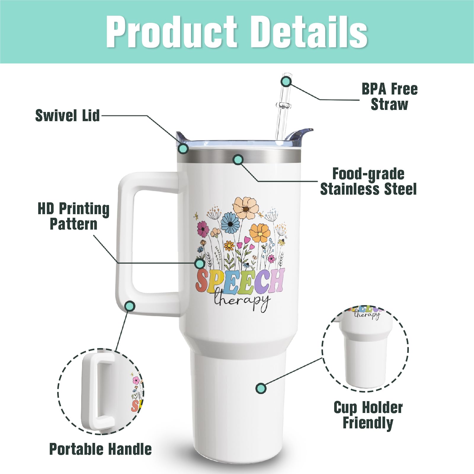 owbgsdh Therapist Gifts Speech Therapy Gift Speech Language Pathologist Appreciation Gifts SLP 40oz Stainless Steel Tumbler Cup Mug Water Bottle with Handle for Women Men