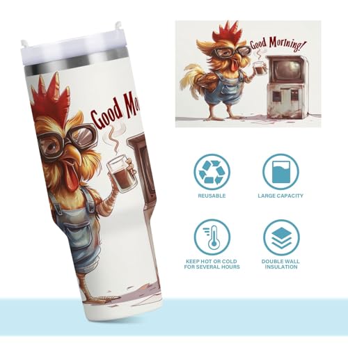 ODAWA Cartoon Rooster Travel Tumbler with Straw and Lid Water Bottle 30 Oz Stainless Steel Cups