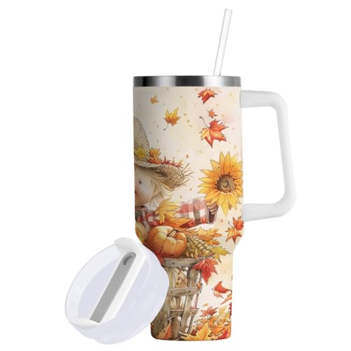 ODAWA Cute Scarecrow Autumn Maple Leaves Iced Coffee Tumbler Reusable Insulated Cup with Straw Water Cup