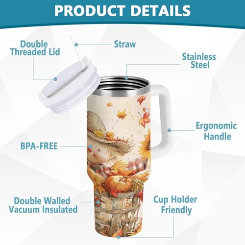 ODAWA Cute Scarecrow Autumn Maple Leaves Iced Coffee Tumbler Reusable Insulated Cup with Straw Water Cup
