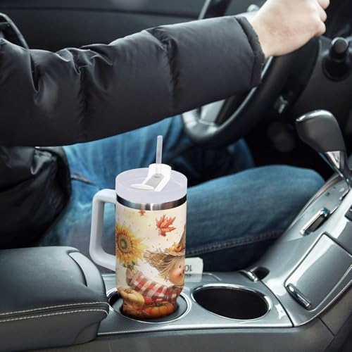 ODAWA Cute Scarecrow Autumn Maple Leaves Iced Coffee Tumbler Reusable Insulated Cup with Straw Water Cup