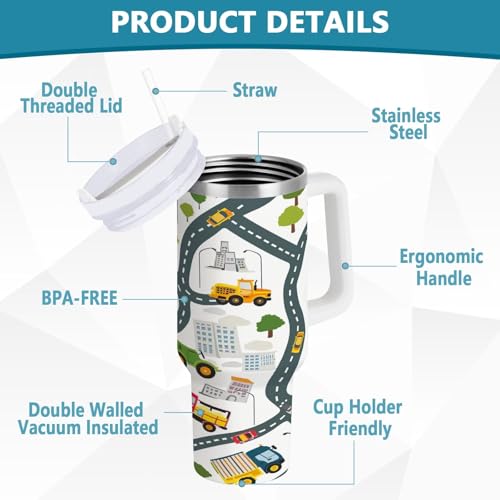 ODAWA a of Cute Cartoon Tractors Insulated Tumblers 30 Oz Coffee Mug with Straw and Lid