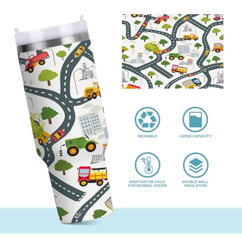 ODAWA a of Cute Cartoon Tractors Insulated Tumblers 30 Oz Coffee Mug with Straw and Lid