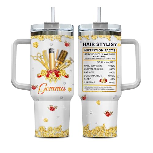 Hyturtle Personalized Coffee Tumbler Hairstylist Customized Name 40 oz Tumbler with Handle and Straw Lid, Birthday Gifts For Hairdressers Men Women Insulated Mugs Wine Tumblers Stainless Steel Cups