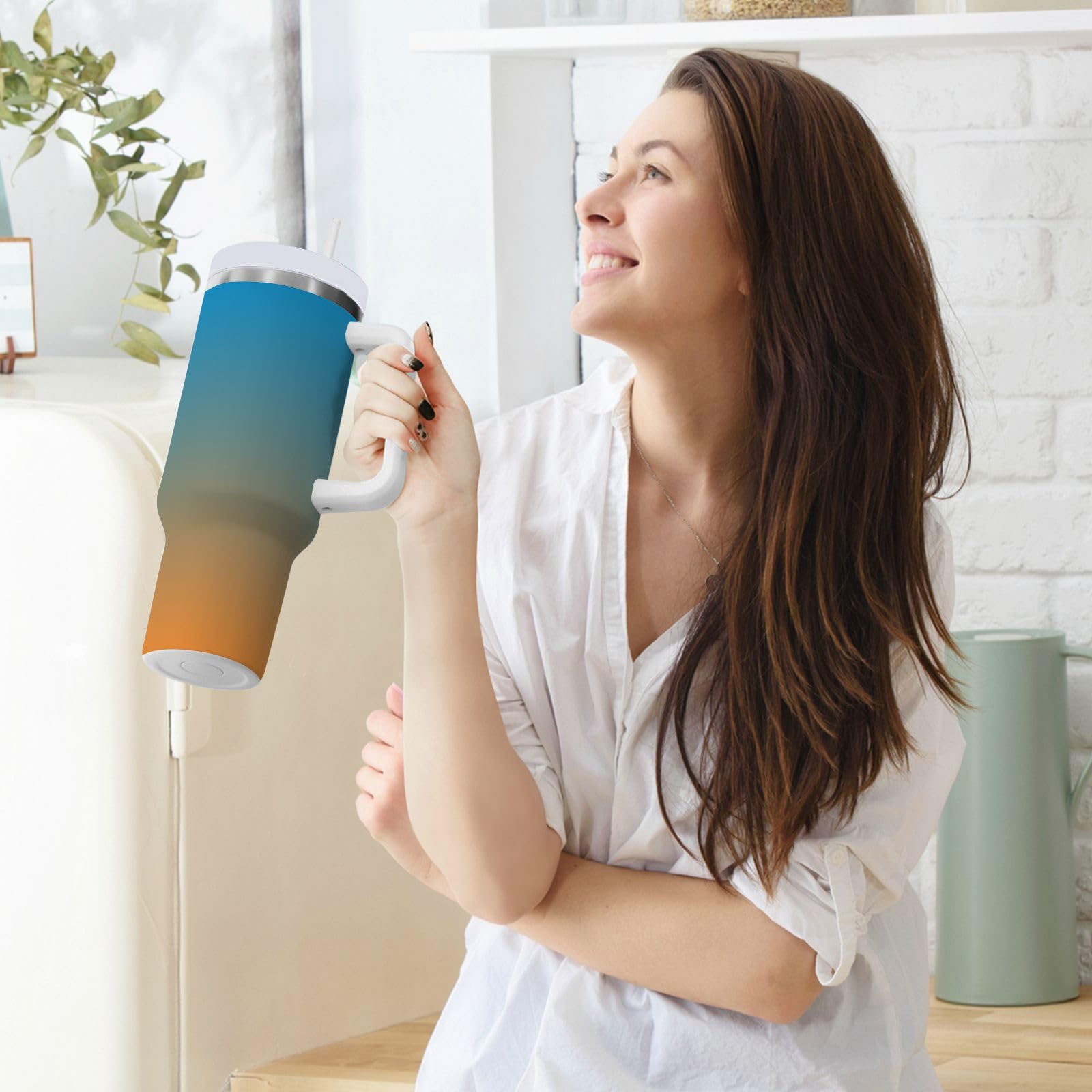 MCHIVER Blue Orange Gradient 30 oz Tumbler with Handle and Straw Stainless Steel Vacuum Water Bottle Leak-proof Travel Coffee Mug Thermos Water Bottle for Office Car Home