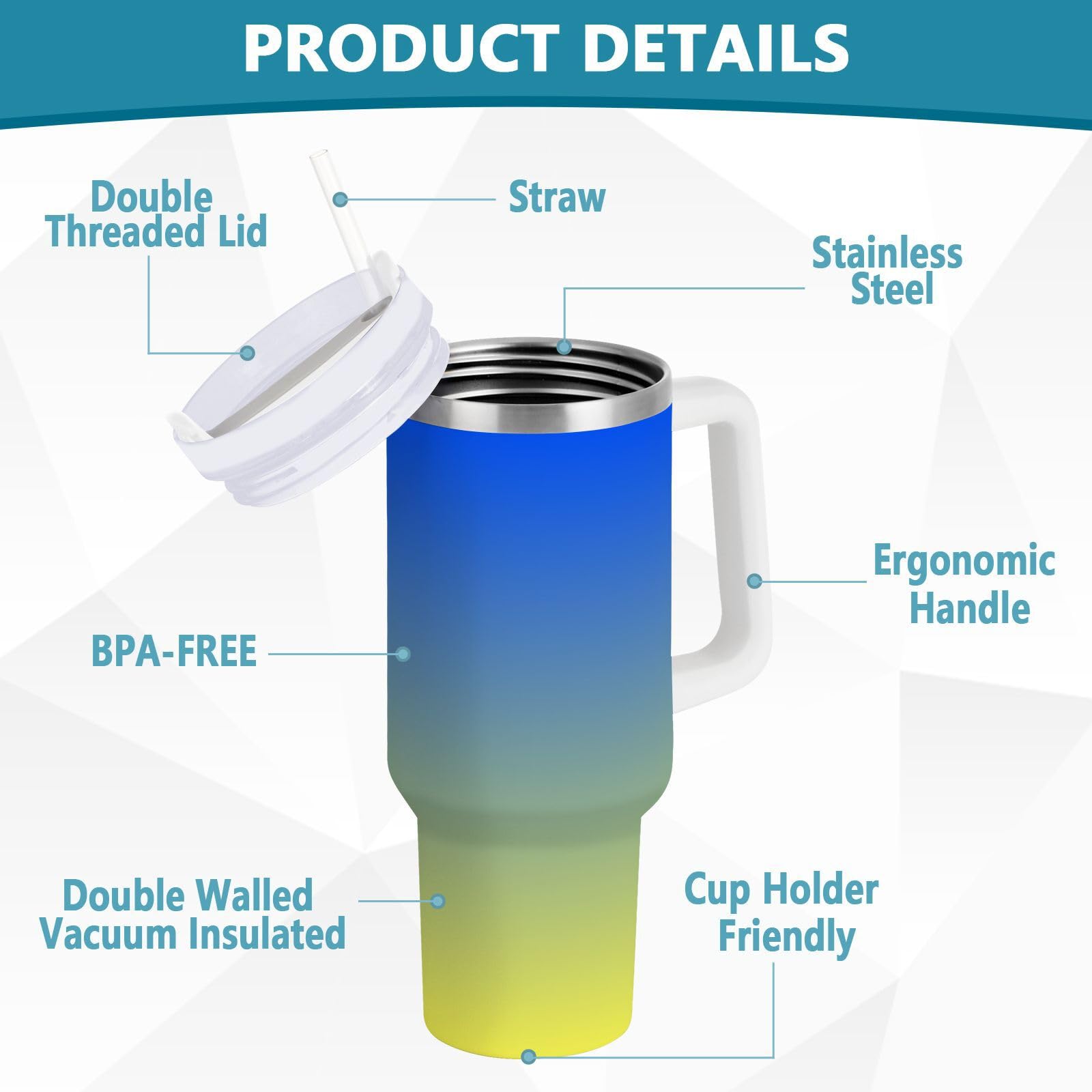MCHIVER Blue Yellow Gradient 40 oz Tumbler with Handle and Straw Stainless Steel Vacuum Water Bottle Leak-proof Travel Coffee Mug Insulated Cup for Office Home Car
