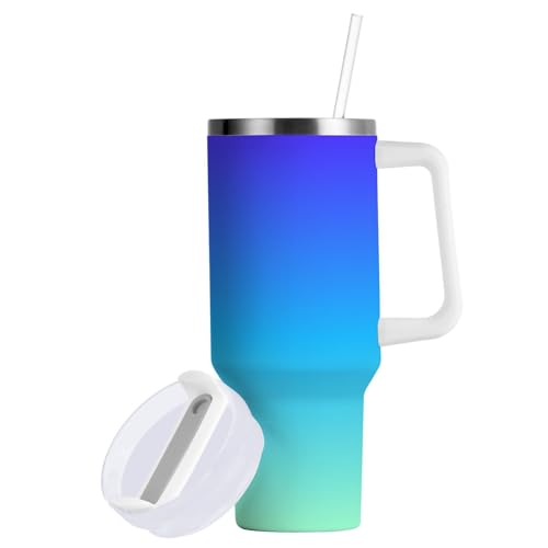 MCHIVER Blue Gradient 40 oz Tumbler with Handle and Straw Stainless Steel Vacuum Water Bottle Leak-proof Travel Coffee Mug Thermos Water Bottle for Home Office Car