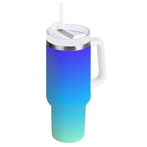 MCHIVER Blue Gradient 40 oz Tumbler with Handle and Straw Stainless Steel Vacuum Water Bottle Leak-proof Travel Coffee Mug Thermos Water Bottle for Home Office Car