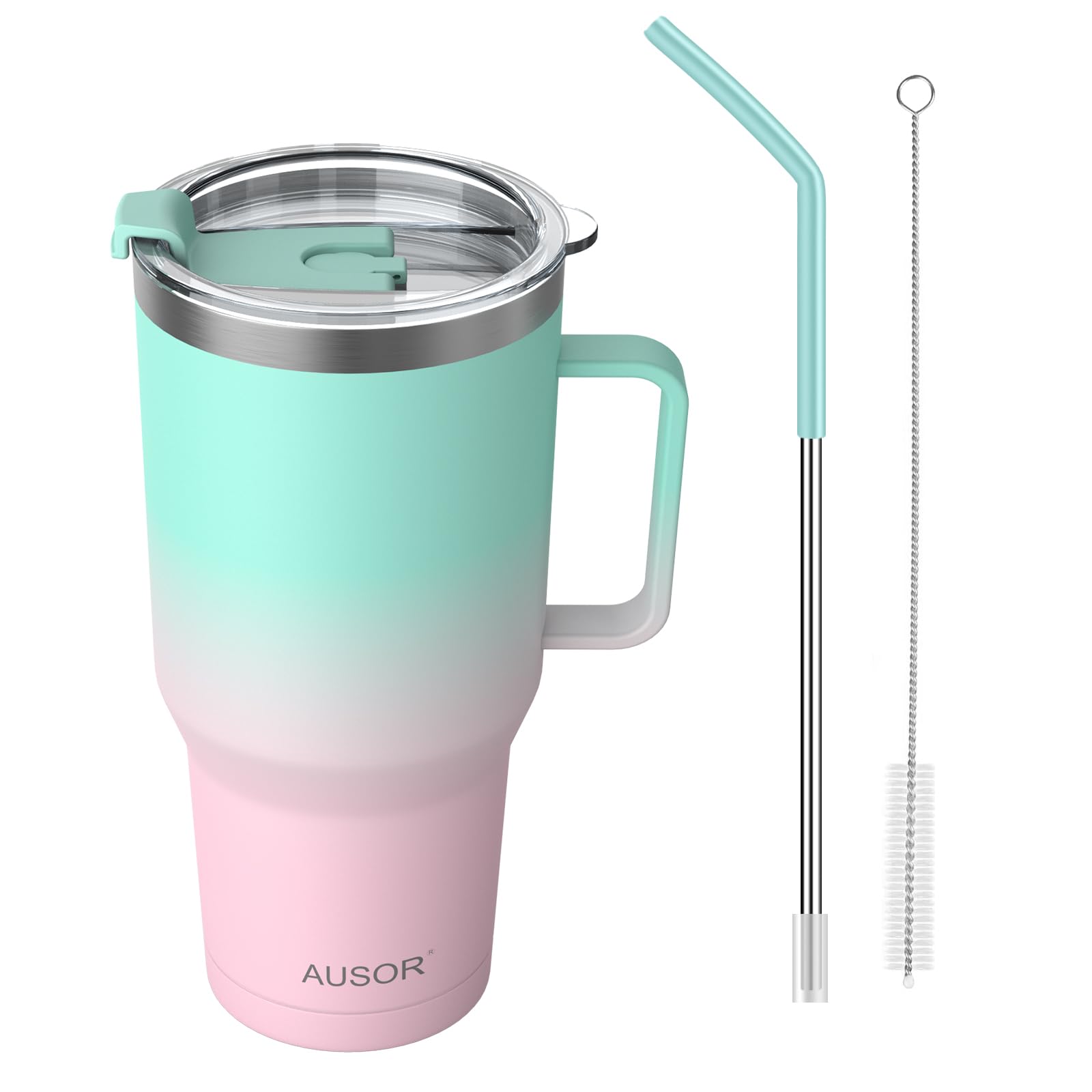 AUSOR 30 oz Tumbler with Lid and Straw,Water Bottle with Handle,Insulated Stainless Steel Tumbler for Hot & Cold, Coffee Travel Mug Cups Reusable,Blue to Pink