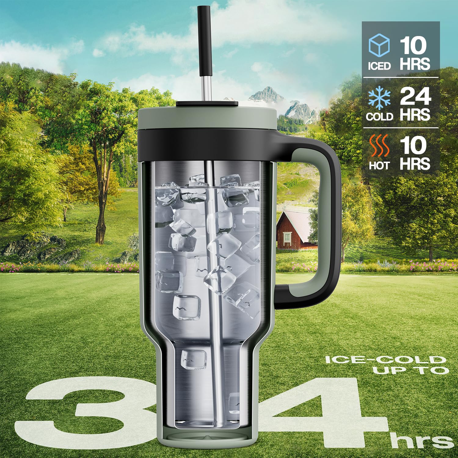 POWCAN 40 oz Tumbler with Handle, 2-in-1 Straw and Sip Lid, Leakproof, Dishwasher Safe, Insulated Stainless Steel Travel Coffee Mug, Keeps Cold for 34 Hours, Fits in Car Cup Holder (Agave)