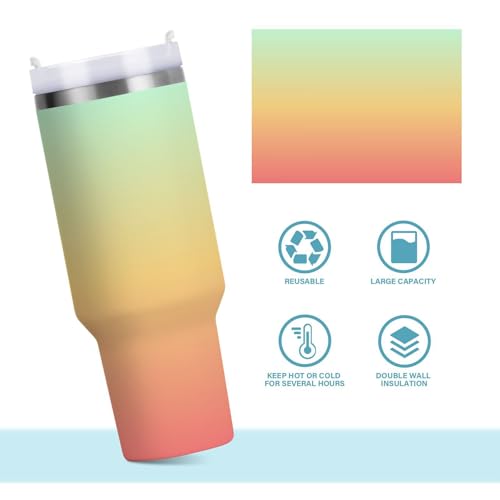 MCHIVER Blue Pink Gradient 40 oz Tumbler with Handle and Straw Stainless Steel Vacuum Water Bottle Leak-proof Travel Coffee Mug Insulated Cup for Office Car Home