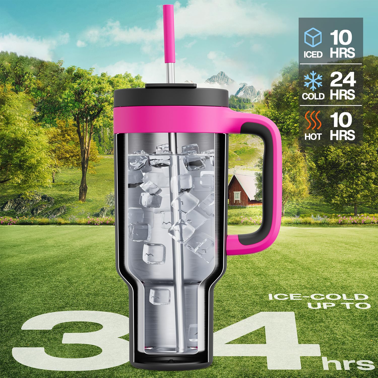 POWCAN 40 oz Tumbler with Handle, 2-in-1 Straw and Sip Lid, Leakproof, Dishwasher Safe, Insulated Stainless Steel Travel Coffee Mug, Keeps Cold for 34 Hours, Fits in Car Cup Holder (Berry)