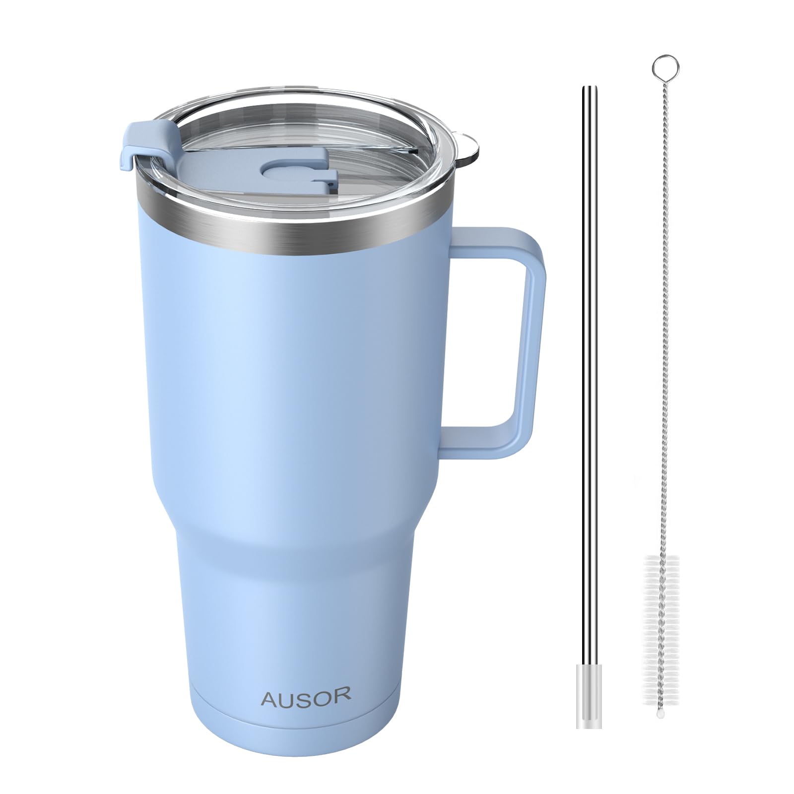 AUSOR 30 oz Tumbler with Lid and Straw,Water Bottle with Handle,Insulated Stainless Steel Tumbler for Hot & Cold, Coffee Travel Mug Cups Reusable Blue