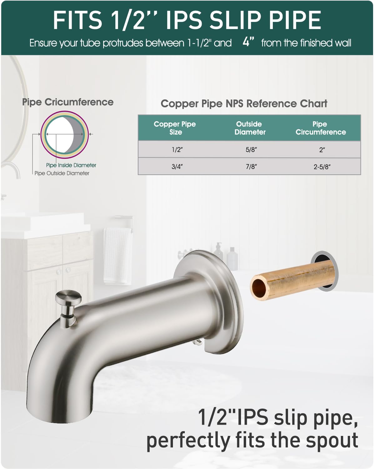 LOCALAND Slip-On Extra Long Tub Spout with Diverter, 1/2 Inch Slip Fit Connection,Brushed Nickel