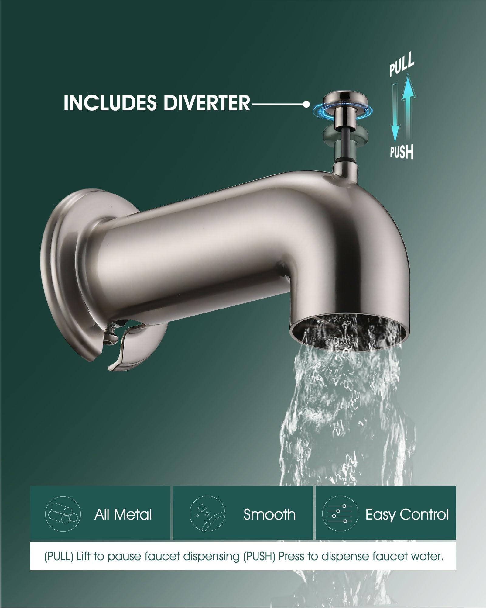 LOCALAND Slip-On Extra Long Tub Spout with Diverter, 1/2 Inch Slip Fit Connection,Brushed Nickel