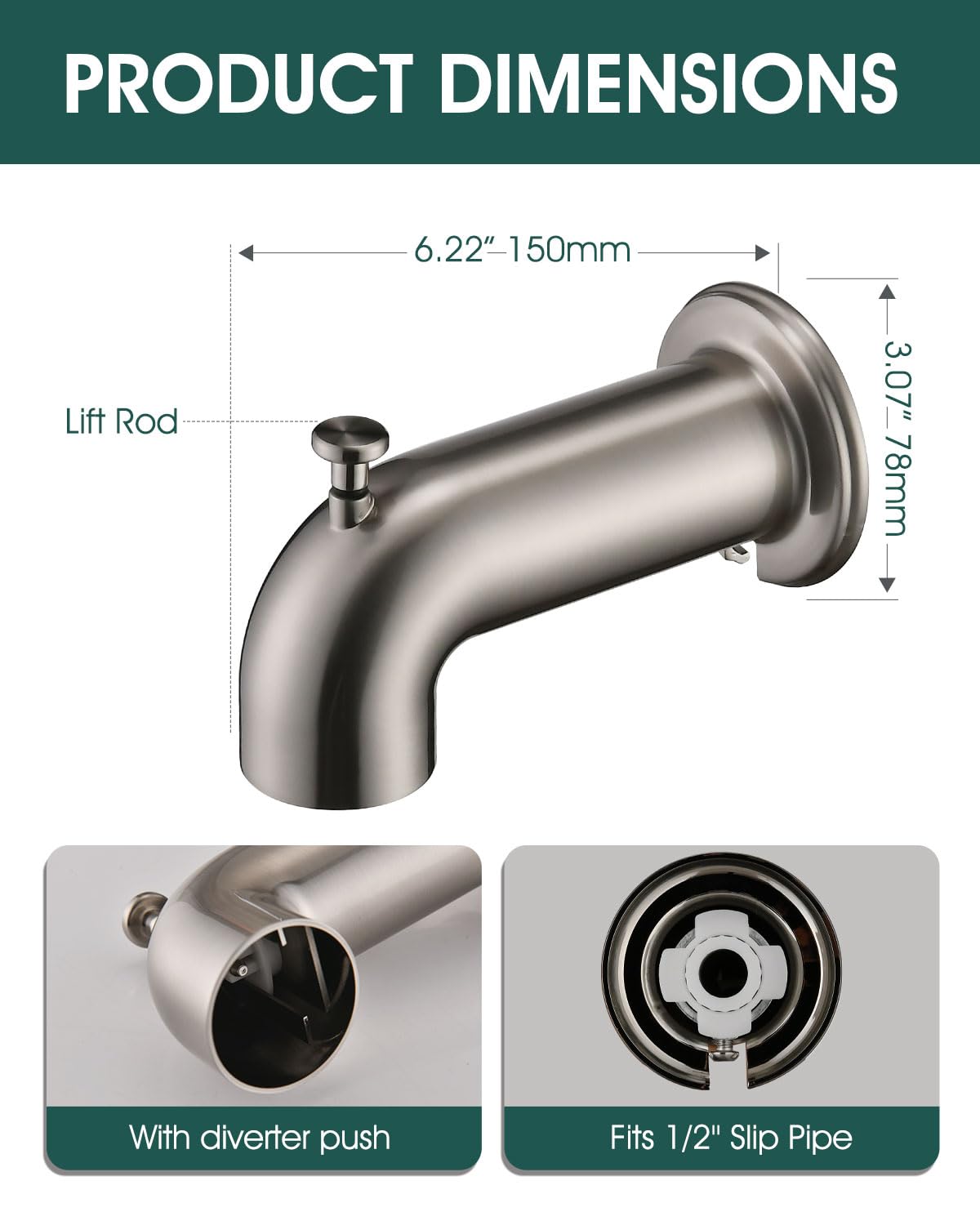 LOCALAND Slip-On Extra Long Tub Spout with Diverter, 1/2 Inch Slip Fit Connection,Brushed Nickel