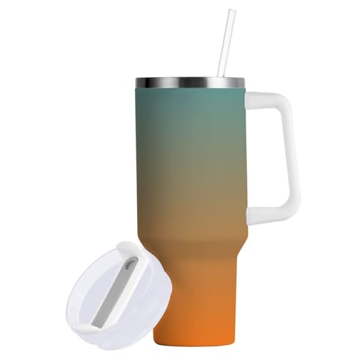 MCHIVER Teal Orange Gradient 40 oz Tumbler with Handle and Straw Stainless Steel Vacuum Water Bottle Leak-proof Travel Coffee Mug Insulated Cup for Car Home Office