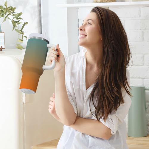 MCHIVER Teal Orange Gradient 40 oz Tumbler with Handle and Straw Stainless Steel Vacuum Water Bottle Leak-proof Travel Coffee Mug Insulated Cup for Car Home Office