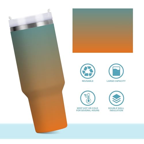 MCHIVER Teal Orange Gradient 40 oz Tumbler with Handle and Straw Stainless Steel Vacuum Water Bottle Leak-proof Travel Coffee Mug Insulated Cup for Car Home Office