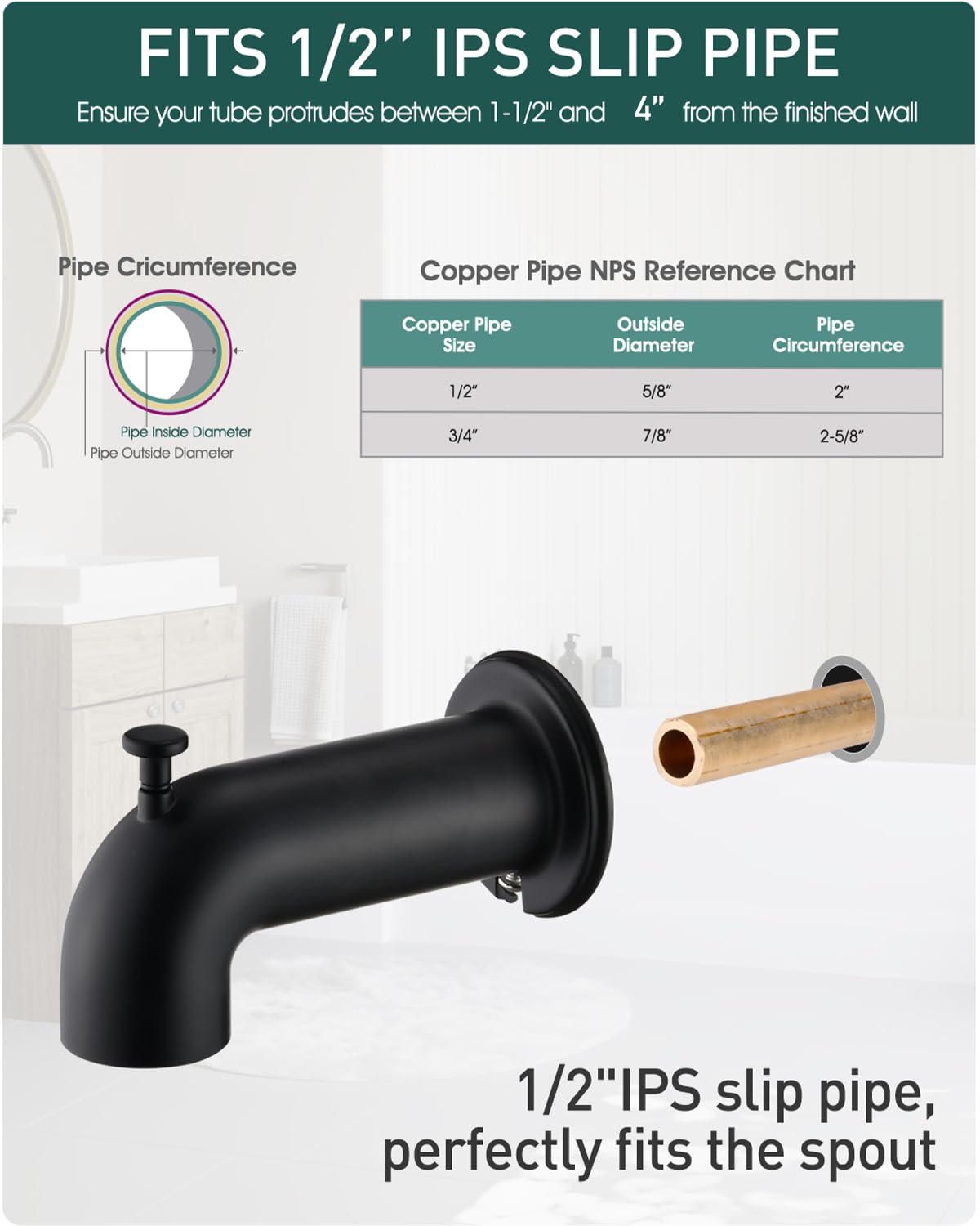 LOCALAND Slip-On Extra Long Tub Spout with Diverter, 1/2 Inch Slip Fit Connection,Matte Black