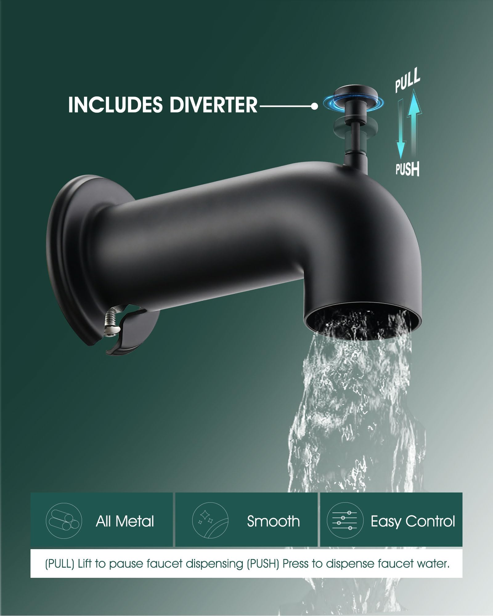 LOCALAND Slip-On Extra Long Tub Spout with Diverter, 1/2 Inch Slip Fit Connection,Matte Black
