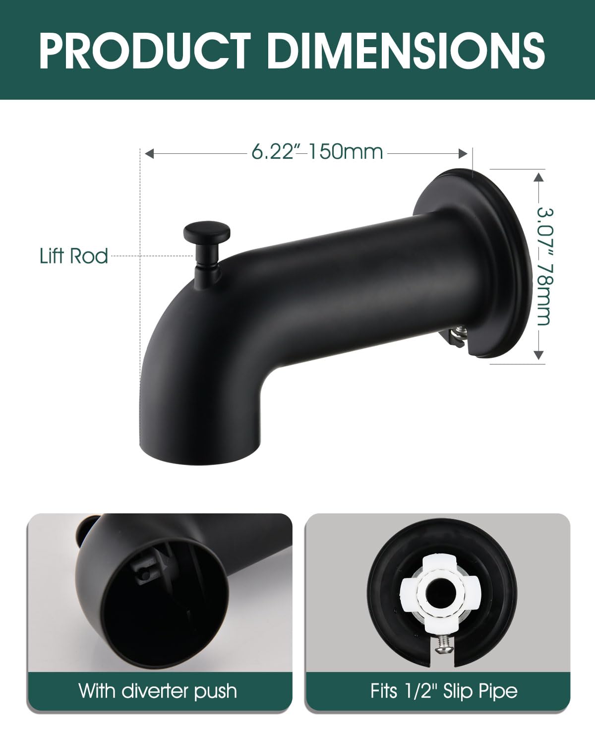 LOCALAND Slip-On Extra Long Tub Spout with Diverter, 1/2 Inch Slip Fit Connection,Matte Black