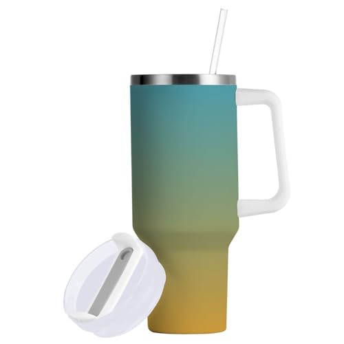 MCHIVER Blue Yellow Dark Gradient 40 oz Tumbler with Handle and Straw Stainless Steel Vacuum Water Bottle Leak-proof Travel Coffee Mug Insulated Water Bottle for Hot Cold Beverages