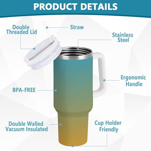 MCHIVER Blue Yellow Dark Gradient 40 oz Tumbler with Handle and Straw Stainless Steel Vacuum Water Bottle Leak-proof Travel Coffee Mug Insulated Water Bottle for Hot Cold Beverages