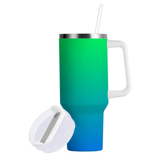 MCHIVER Green Blue Gradient 30 oz Tumbler with Handle and Straw Stainless Steel Vacuum Water Bottle Leak-proof Travel Coffee Mug Insulated Cup for Office Home Car