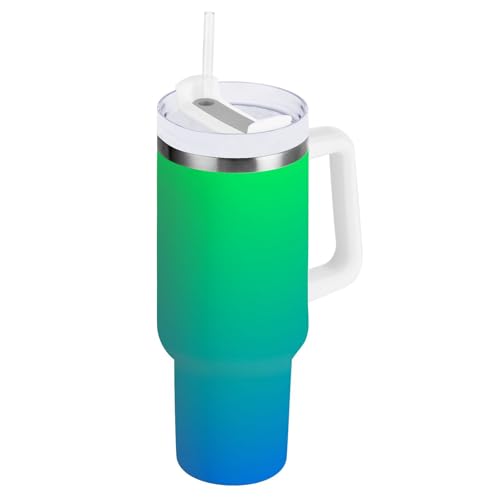 MCHIVER Green Blue Gradient 30 oz Tumbler with Handle and Straw Stainless Steel Vacuum Water Bottle Leak-proof Travel Coffee Mug Insulated Cup for Office Home Car