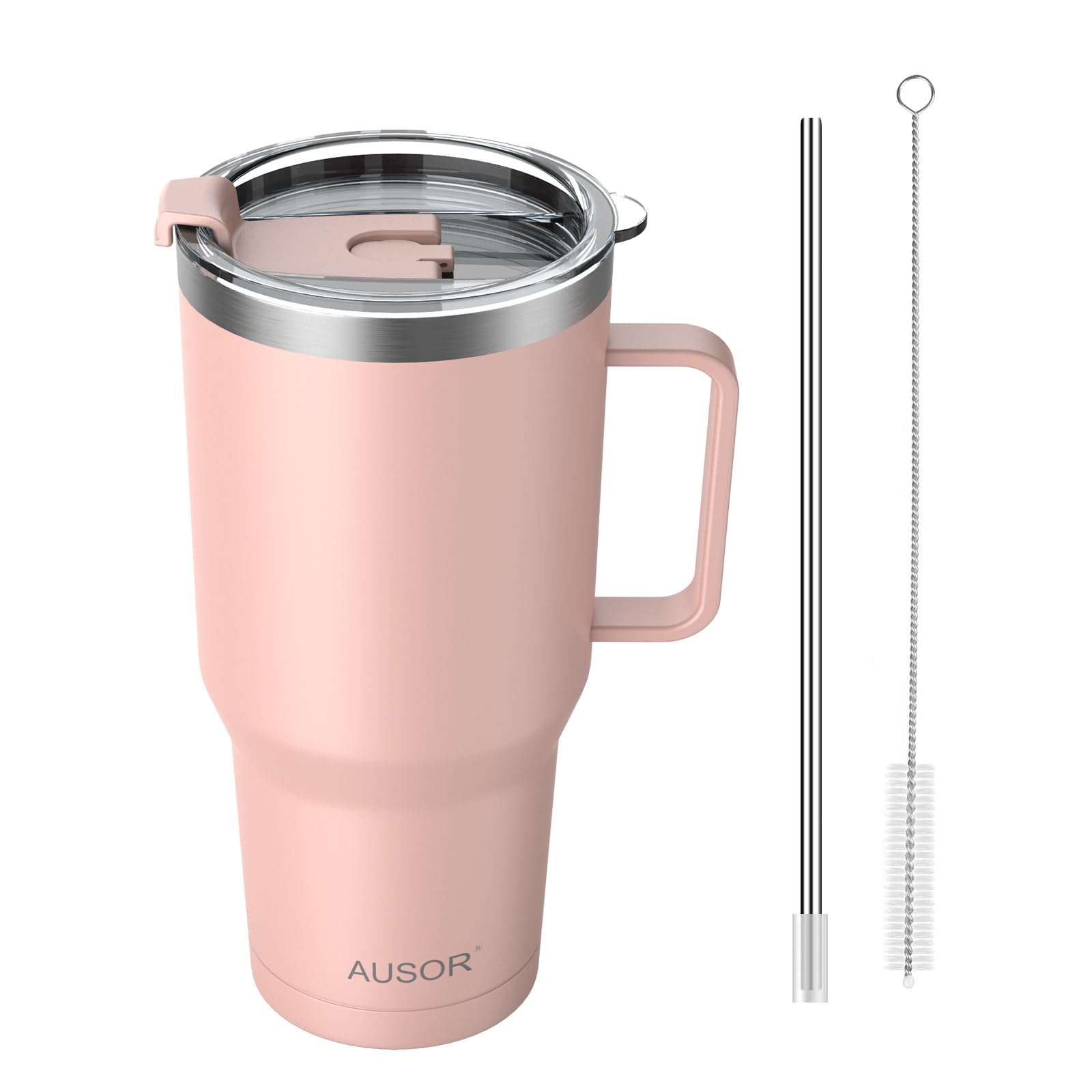 AUSOR 30 oz Tumbler with Lid and Straw,Water Bottle with Handle,Insulated Stainless Steel Tumbler for Hot & Cold, Coffee Travel Mug Cups Reusable Pink