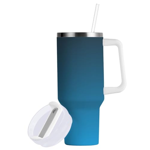 MCHIVER Blue Teal Gradient 40 oz Tumbler with Handle and Straw Stainless Steel Vacuum Water Bottle Leak-proof Travel Coffee Mug Insulated Cup for Car Home Office