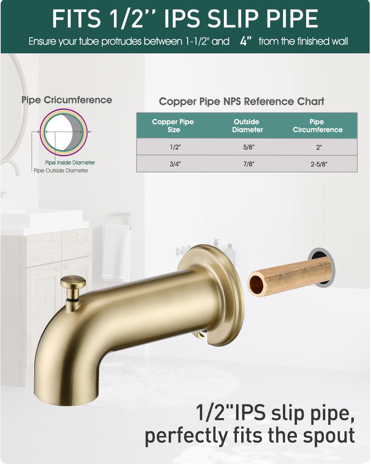 LOCALAND Slip-On Extra Long Tub Spout with Diverter, 1/2 Inch Slip Fit Connection,Brushed Gold