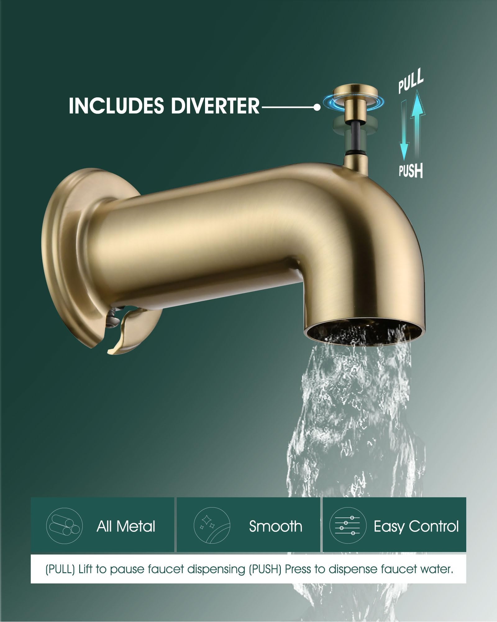 LOCALAND Slip-On Extra Long Tub Spout with Diverter, 1/2 Inch Slip Fit Connection,Brushed Gold