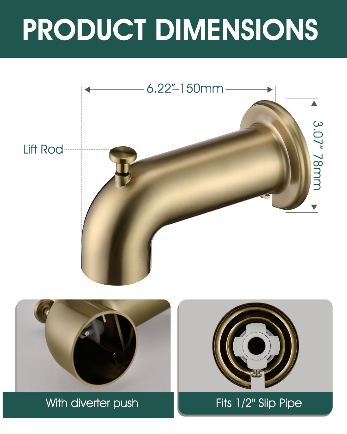 LOCALAND Slip-On Extra Long Tub Spout with Diverter, 1/2 Inch Slip Fit Connection,Brushed Gold