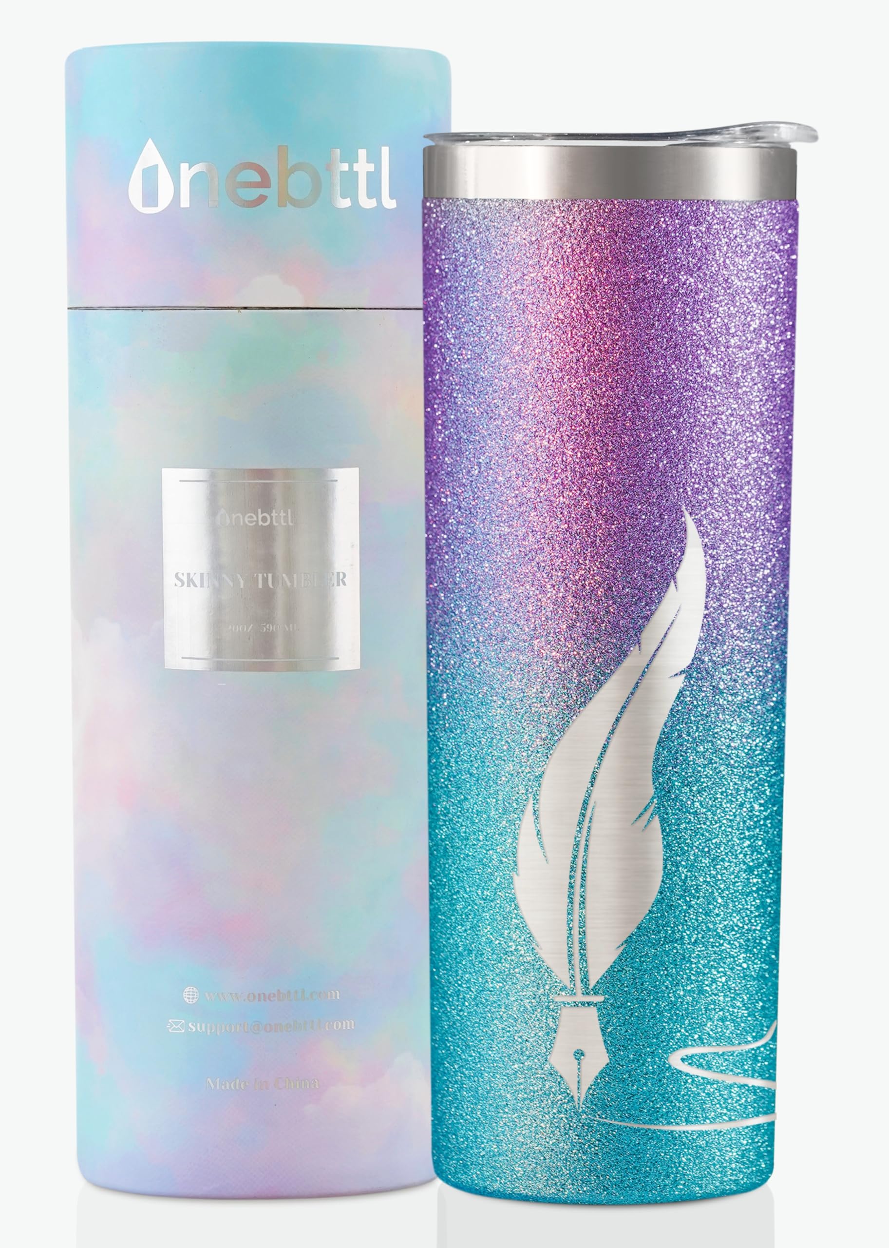 Onebttl Writer Gifts for Women - 20oz/590ml Skinny Glitter Stainless Steel Insulated Tumbler with Straw - Graduation/Birthday/Christmas Gift for Writers, Novelist, Scriptwriter- Feather Pen