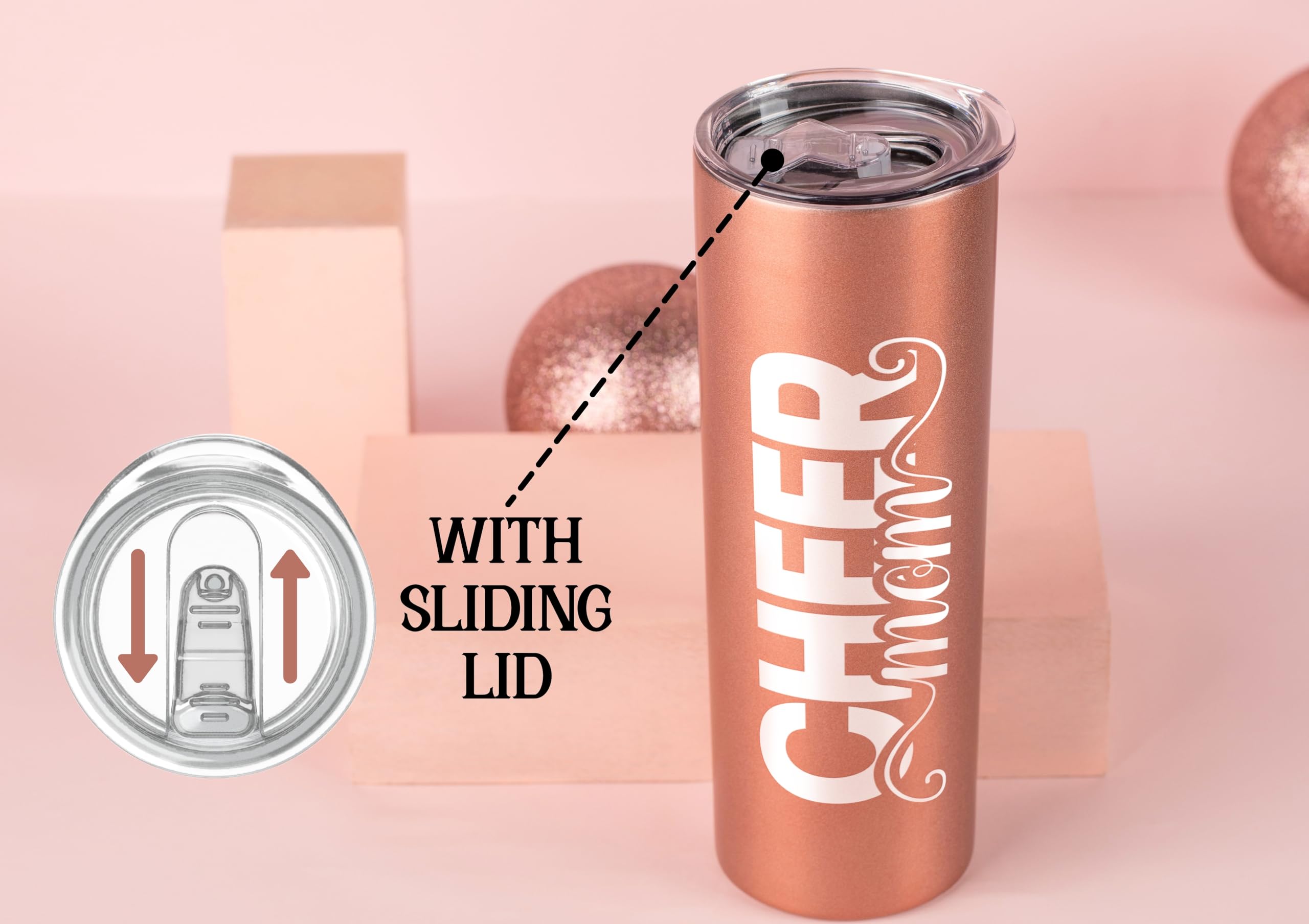 Onebttl Cheer Mom Gifts For Women, Her, Female - 20oz/590ml Stainless Steel Skinny Insulated Tumbler with Straw, Lid - Gift for Cheerleading or Cheerleader Coachs - Rosegold