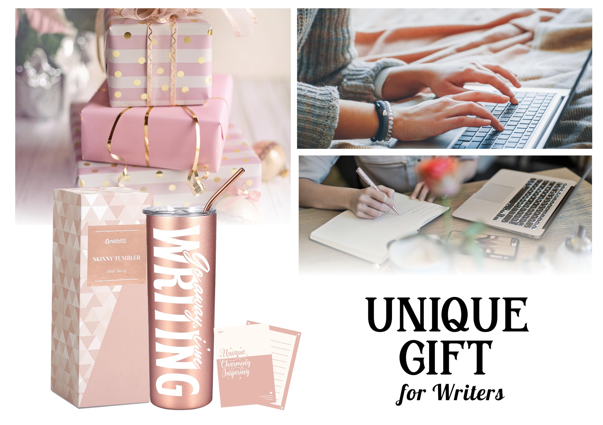 Onebttl Writer Gifts for Women - 20oz/590ml Skinny Stainless Steel Insulated Tumbler with Straw - Graduation/Birthday/Christmas Gift for Writers, Novelist, Scriptwriter - Go Away, Rosegold